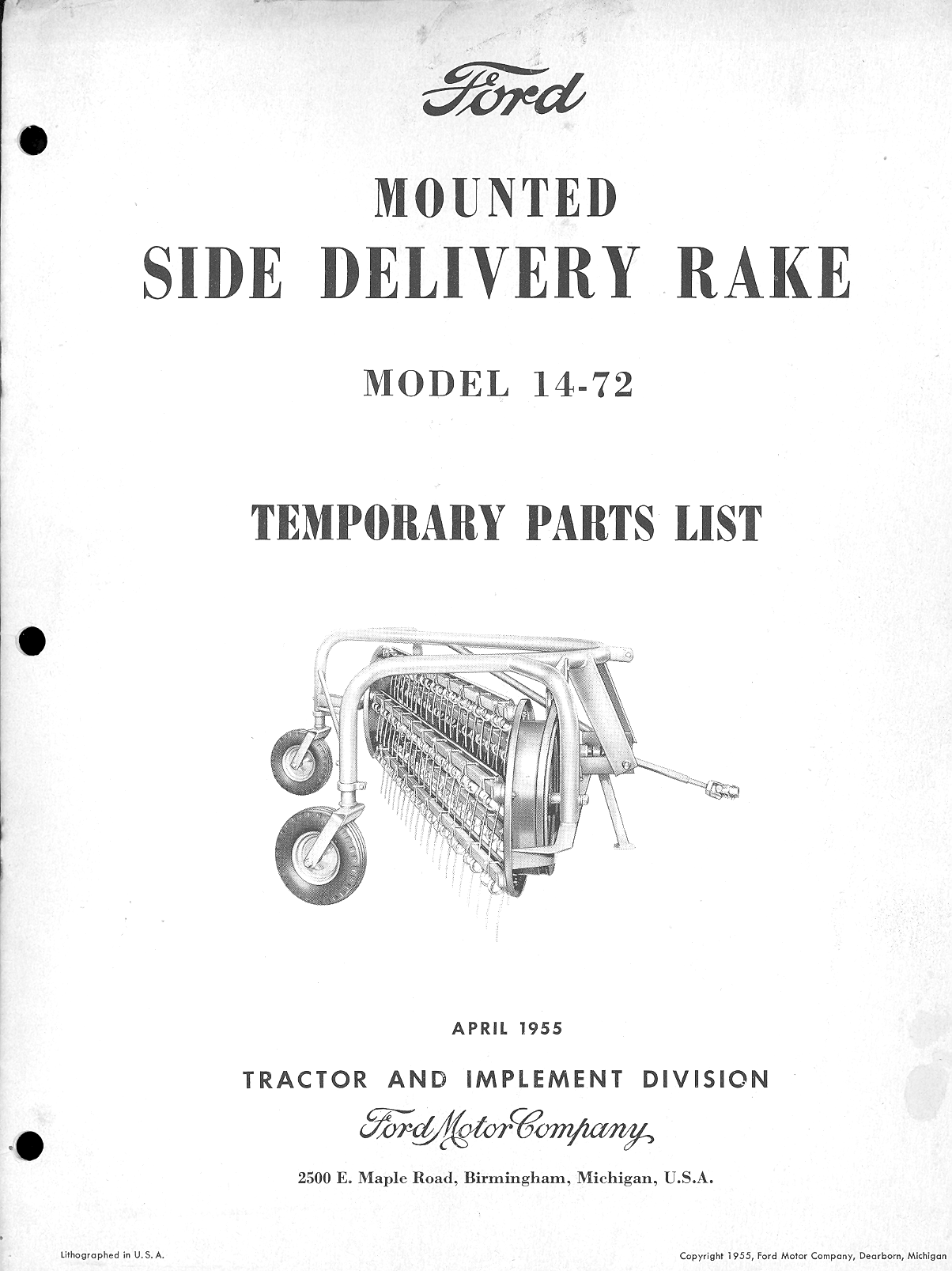 14-72 Side Delivery Rack - Temporary Parts List